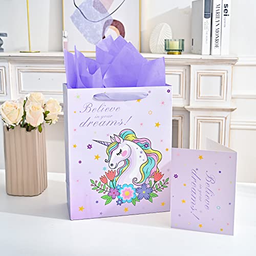 13" Large Unicorn Gift Bag for Girls Kids Birthday Baby Shower with Tissue Paper and Greeting Card