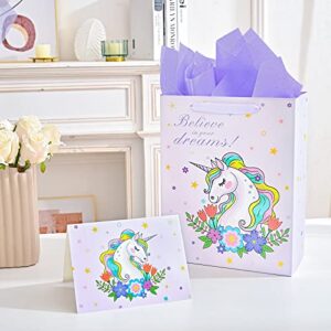 13" Large Unicorn Gift Bag for Girls Kids Birthday Baby Shower with Tissue Paper and Greeting Card