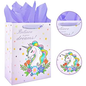 13" Large Unicorn Gift Bag for Girls Kids Birthday Baby Shower with Tissue Paper and Greeting Card