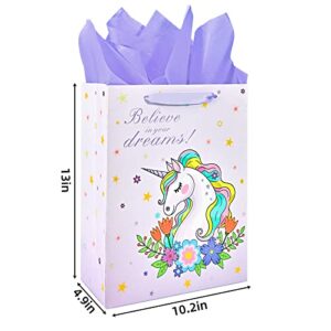 13" Large Unicorn Gift Bag for Girls Kids Birthday Baby Shower with Tissue Paper and Greeting Card