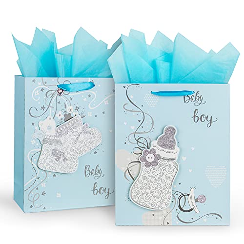 12.6" Large Baby Shower Birthday Gift Bags for Boy with Tissue Papers 2-Pack (Blue)