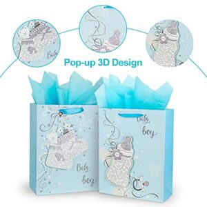 12.6" Large Baby Shower Birthday Gift Bags for Boy with Tissue Papers 2-Pack (Blue)