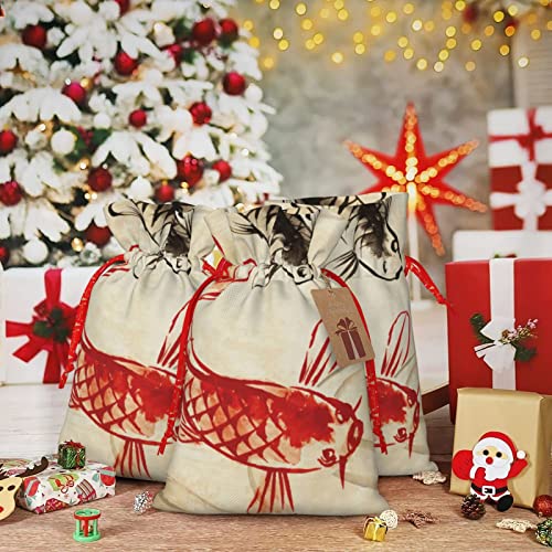 Drawstrings Christmas Gift Bags Koi-Fish-Japanese-Vintage Presents Wrapping Bags Xmas Gift Wrapping Sacks Pouches Medium