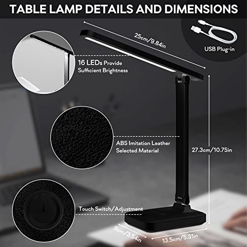 candyfouse LED Desk Lamp with Touch Control, Reading Lamp No Flicker, 3 Color Modes, Foldable Table Lamp, Eye Caring Reading Light for Office, Home, Dormitory, USB Interface DC5V 1A(Black)