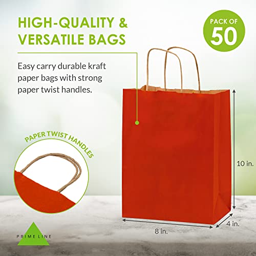 Red Gift Bags - 8x4x10 Inch 50 Pack Small Kraft Paper Shopping Bags with Handles, Craft Totes in Bulk for Boutiques, Small Business, Retail Stores, Birthday Parties, Christmas, Valentines, Holidays