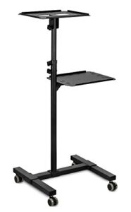 mount-it! mobile projector and laptop stand (2 shelves), rolling cart with ventilated tray, heavy duty, height adjustable laptop and projector presentation trolley, black