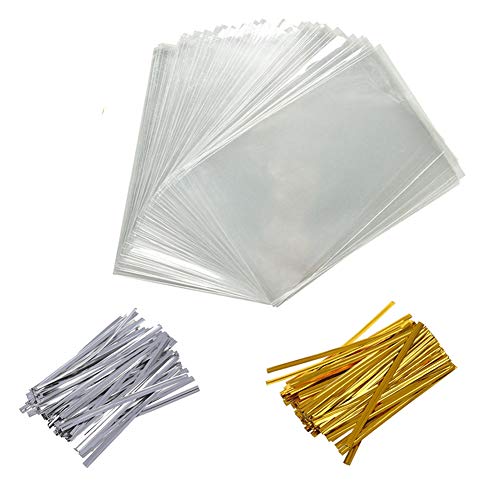 Miraclekoo 400 PCS 4X6 Inch Cellophane Treat Bags Christmas Gift Bag Clear Cello Treat Bags with 400 Twist Ties for Wedding Cookie Gift Candy Bakery Supply,1.4mil