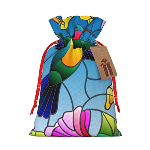 Drawstrings Christmas Gift Bags Colorful-Bird-Floral-Flower Presents Wrapping Bags Xmas Gift Wrapping Sacks Pouches Medium