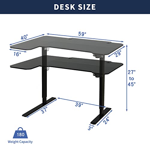 L-Shaped Electric Standing Desk, 59 Inches Height Adjustable Stand up Table with 4 Memory Settings, Sit Stand Home Office Desk with Black Frame & Top