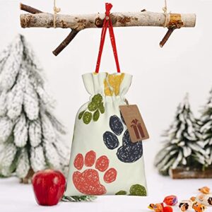 Drawstrings Christmas Gift Bags Colorful-Doodle-Paw-Rainbow Presents Wrapping Bags Xmas Gift Wrapping Sacks Pouches Medium