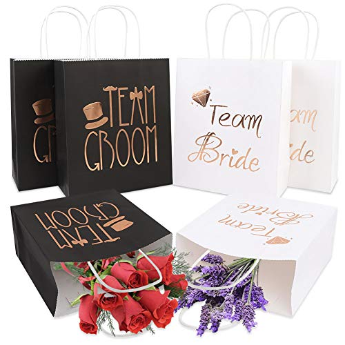 OurWarm 12pcs Wedding Party Gift Bags 6 Groomsmen 6 Bridesmaid Gift Bags Paper Bags with Handles for Bachelorette Party Bridal Shower Favors, Rose Gold Foiled Team Bride Team Groom