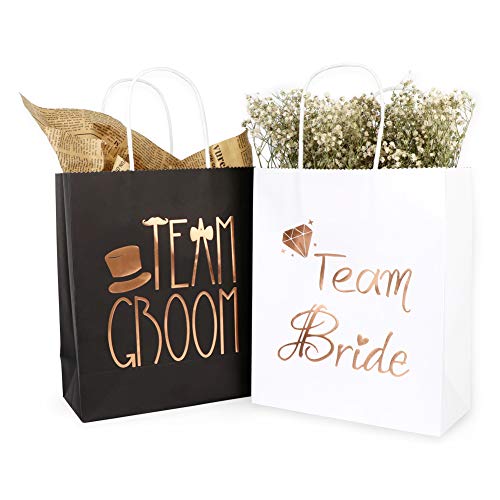 OurWarm 12pcs Wedding Party Gift Bags 6 Groomsmen 6 Bridesmaid Gift Bags Paper Bags with Handles for Bachelorette Party Bridal Shower Favors, Rose Gold Foiled Team Bride Team Groom