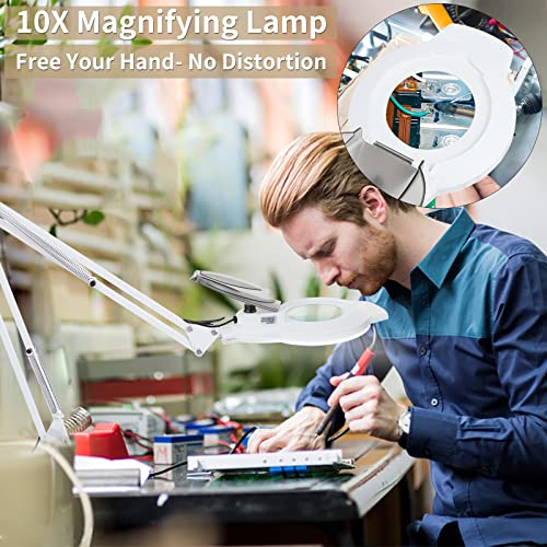 KIRKAS 10X LED Magnifying Lamp with Clamp, 2,200 Lumens Dimmable Super Bright Daylight Magnifying Glass with Light and Stand, Adjustable Swivel Arm Magnifier lamp for Reading Repair Crafts-White