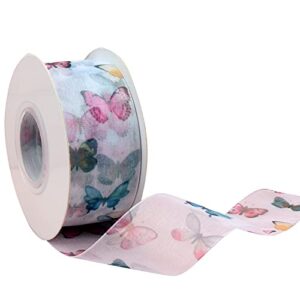 hyribn 25 yards butterfly printed silk ribbon for gift wrapping, chiffon spring ribbons for crafts, ribbon for floral , flower bouquet, bows, wedding, decoration (white, 1.5″)