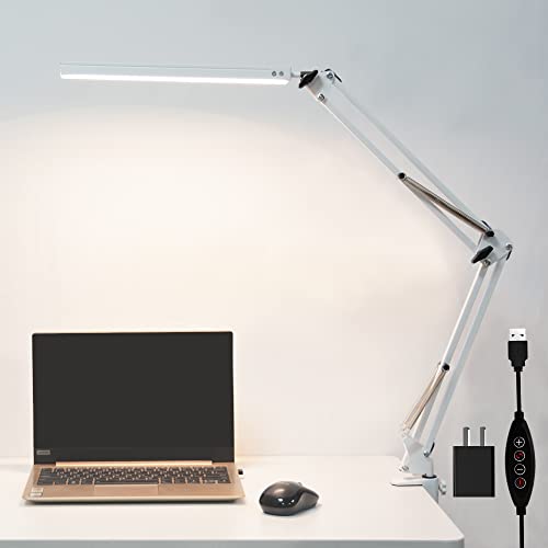 YUHU LED Desk Lamp, Metal Swing Arm Desk Lamp, with Fixture, Desk Lamp with clamp, 3 Color Modes, 10 Levels of Brightness, with Memory Function, Suitable for Home, Office, Reading (White)