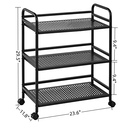 DCLRN 3 Tier Metal Mesh Utility Cart,Rolling Cart,Dining Cart,Multipurpose Storage Rack,Heavy Duty Cart with Locking Wheels(Black)