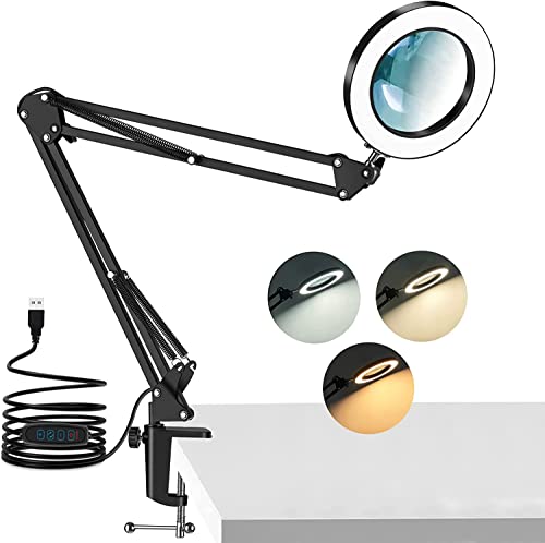 Magnifying Glass with Light, 5X Lighted Magnifying Glass 3 Color Modes Stepless Dimmable 72 LEDs Magnifying Lamp, Magnifier with Light Desk Lamp with Clamp for Crafts Workbench (Adapter Not Included)