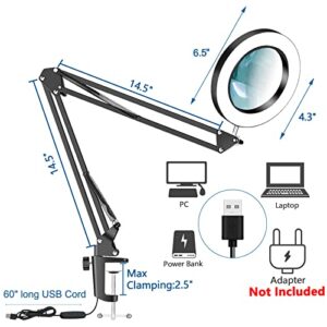 Magnifying Glass with Light, 5X Lighted Magnifying Glass 3 Color Modes Stepless Dimmable 72 LEDs Magnifying Lamp, Magnifier with Light Desk Lamp with Clamp for Crafts Workbench (Adapter Not Included)