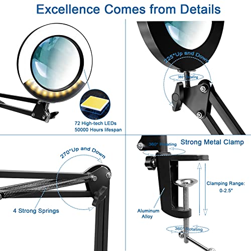 Magnifying Glass with Light, 5X Lighted Magnifying Glass 3 Color Modes Stepless Dimmable 72 LEDs Magnifying Lamp, Magnifier with Light Desk Lamp with Clamp for Crafts Workbench (Adapter Not Included)