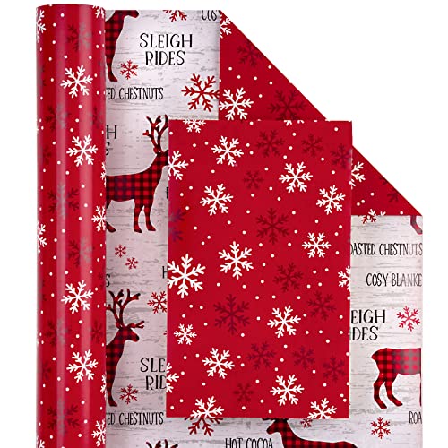 WRAPAHOLIC Reversible Christmas Wrapping Paper - Mini Roll - 17 Inch X 33 Feet - Red White Snowflakes and Reindeer Design for Holiday, Party, Celebration