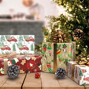 ZINTBIAL Christmas Wrapping Paper for Kids Boys Girls Baby Men Women - Wrapping Paper Christmas Bundle Include White Santa, Green Stockings, Red Truck and Woodland - 29 x 42 Inches per Sheet (4 Jumbo Sheets) - Recyclable, Easy to Store,Not Rolled