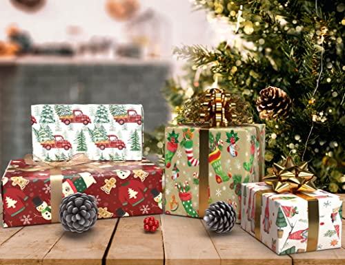 ZINTBIAL Christmas Wrapping Paper for Kids Boys Girls Baby Men Women - Wrapping Paper Christmas Bundle Include White Santa, Green Stockings, Red Truck and Woodland - 29 x 42 Inches per Sheet (4 Jumbo Sheets) - Recyclable, Easy to Store,Not Rolled