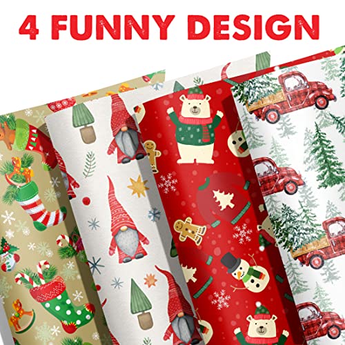 ZINTBIAL Christmas Wrapping Paper for Kids Boys Girls Baby Men Women - Wrapping Paper Christmas Bundle Include White Santa, Green Stockings, Red Truck and Woodland - 29 x 42 Inches per Sheet (4 Jumbo Sheets) - Recyclable, Easy to Store,Not Rolled