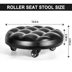 Low Height Rolling Stool with 360°Swivel Caster, Low Roller Seat Wheel Stool Chair, PU Leather Rolling Stool Heavy-Duty and Sturdy, Movable Mini Stool for Home Office Garage Shop Fitness Sport