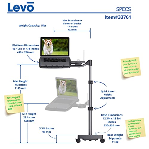 LEVO G2 Rolling Laptop Workstation Stand Cart Desk for Laptops, Books, Tablets, and Art, Made for Sofa, Bed, Chair, or Standing