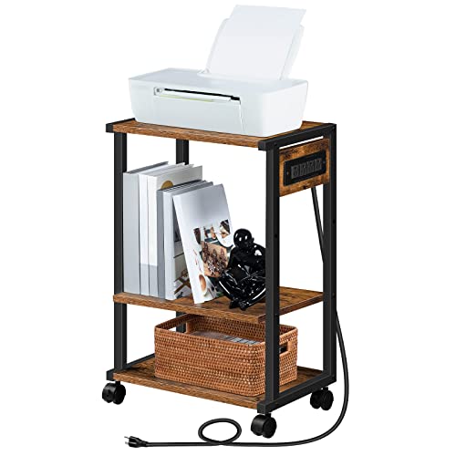 HOOBRO Industrial Printer Stand with Charging Station, 3-Tier Printer Table, Rolling Printer Cart with Adjustable Shelf and Hook, Rustic Brown and Black BF28UPS01