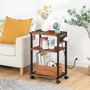 HOOBRO Industrial Printer Stand with Charging Station, 3-Tier Printer Table, Rolling Printer Cart with Adjustable Shelf and Hook, Rustic Brown and Black BF28UPS01