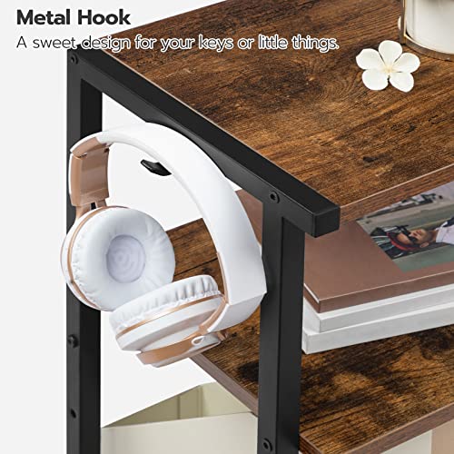 HOOBRO Industrial Printer Stand with Charging Station, 3-Tier Printer Table, Rolling Printer Cart with Adjustable Shelf and Hook, Rustic Brown and Black BF28UPS01