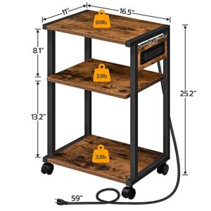 HOOBRO Industrial Printer Stand with Charging Station, 3-Tier Printer Table, Rolling Printer Cart with Adjustable Shelf and Hook, Rustic Brown and Black BF28UPS01