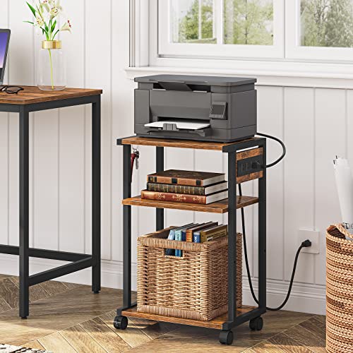 HOOBRO Industrial Printer Stand with Charging Station, 3-Tier Printer Table, Rolling Printer Cart with Adjustable Shelf and Hook, Rustic Brown and Black BF28UPS01