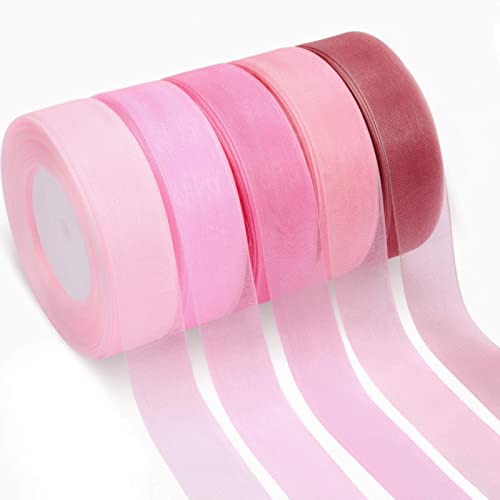 50 Yard Organza Ribbon Sheer Chiffon Stain Ribbons Dusty Rose Fading Ribbon Set for Valentines Christmas Wedding Gift Wrapping Bouquets Craft Birthday Party Decoration (Pink Series)