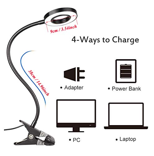 CLOOOUDS 7W Clip on Light, LED Clip On Lamp, USB Reading Book Light, Bed Lamp,Desk lamp, Warm Light and White Light