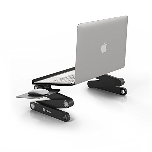 PWR+ Laptop Table Stand Adjustable Riser: Portable with Mouse Pad Fully Ergonomic Mount Ultrabook MacBook Gaming Notebook Light Weight Aluminum Black Bed Tray Desk Book Fans Up to 17 inch