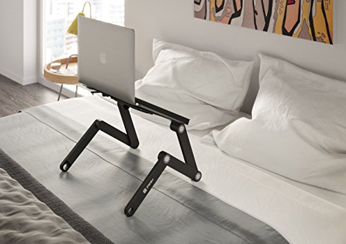 PWR+ Laptop Table Stand Adjustable Riser: Portable with Mouse Pad Fully Ergonomic Mount Ultrabook MacBook Gaming Notebook Light Weight Aluminum Black Bed Tray Desk Book Fans Up to 17 inch