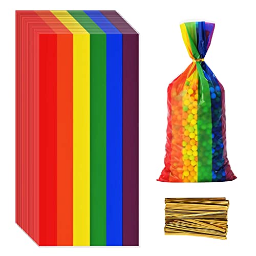 Lecpeting 100 Pcs Rainbow Treat Bags Rainbow Stripes Print Cellophane Candy Bags Plastic Goodie Storage Bags Birthday Party Favor Bags with Twist Ties for Baby Shower Birthday Party Supplies