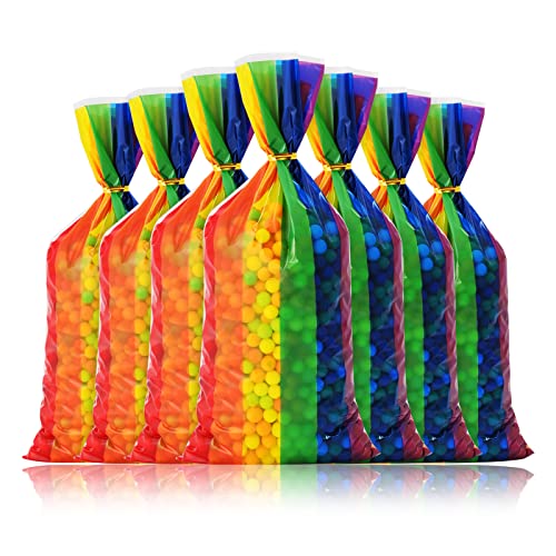 Lecpeting 100 Pcs Rainbow Treat Bags Rainbow Stripes Print Cellophane Candy Bags Plastic Goodie Storage Bags Birthday Party Favor Bags with Twist Ties for Baby Shower Birthday Party Supplies