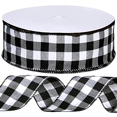 Winlyn 50 Yards Black and White Buffalo Check Plaid Wired Ribbon Gingham Ribbon 2.5" Wide for Christmas Tree Wreath Bows Festive Farmhouse Decoration Gift Wrapping Crafts Floral Arrangement