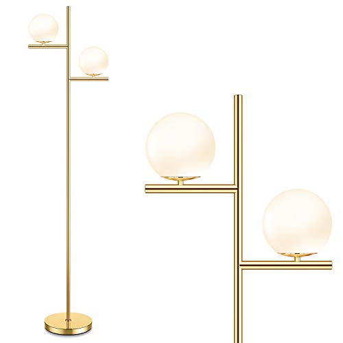 Mid Century Floor Lamp - 2 Globe Modern Standing Lamp with Foot Pedal, Frosted Glass Stand Up Lights for Living Room, Bedroom, Office, Contemporary LED Antique Brass|Gold Tall Pole Light Indoor