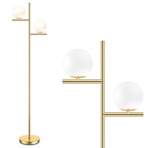 Mid Century Floor Lamp - 2 Globe Modern Standing Lamp with Foot Pedal, Frosted Glass Stand Up Lights for Living Room, Bedroom, Office, Contemporary LED Antique Brass|Gold Tall Pole Light Indoor