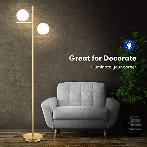 Mid Century Floor Lamp - 2 Globe Modern Standing Lamp with Foot Pedal, Frosted Glass Stand Up Lights for Living Room, Bedroom, Office, Contemporary LED Antique Brass|Gold Tall Pole Light Indoor