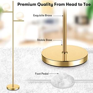 Mid Century Floor Lamp - 2 Globe Modern Standing Lamp with Foot Pedal, Frosted Glass Stand Up Lights for Living Room, Bedroom, Office, Contemporary LED Antique Brass|Gold Tall Pole Light Indoor