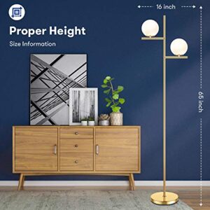 Mid Century Floor Lamp - 2 Globe Modern Standing Lamp with Foot Pedal, Frosted Glass Stand Up Lights for Living Room, Bedroom, Office, Contemporary LED Antique Brass|Gold Tall Pole Light Indoor