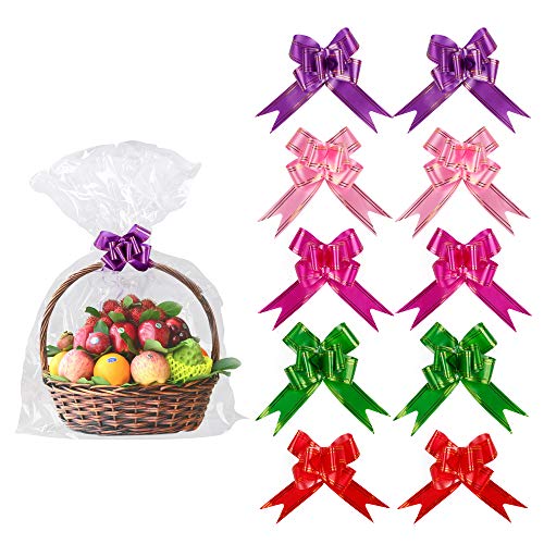 Kolewo4ever 20 Pack 30 * 44inches Clear Basket Bags Pull Bow Set 10 Packaging Bags Cello Cellophane Wrap 10 Ribbon Bows