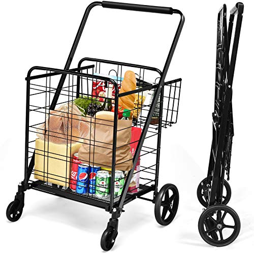 Goplus Folding Shopping Cart, Jumbo Double Basket Utility Grocery Cart 330lbs Capacity with 360° Rolling Swivel Wheels, Portable Heavy Duty Cart for Laundry Shopping Grocery