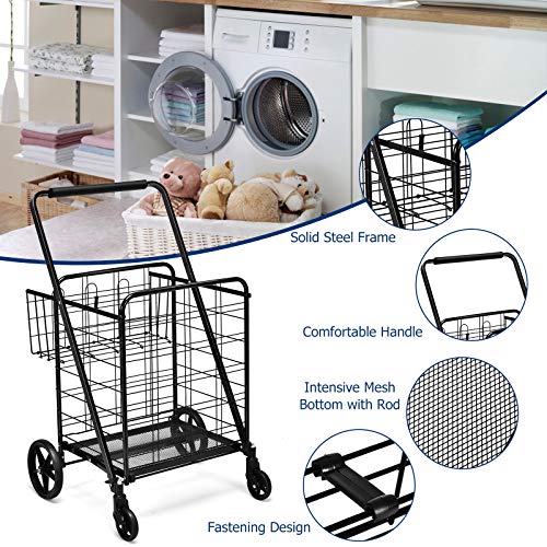 Goplus Folding Shopping Cart, Jumbo Double Basket Utility Grocery Cart 330lbs Capacity with 360° Rolling Swivel Wheels, Portable Heavy Duty Cart for Laundry Shopping Grocery