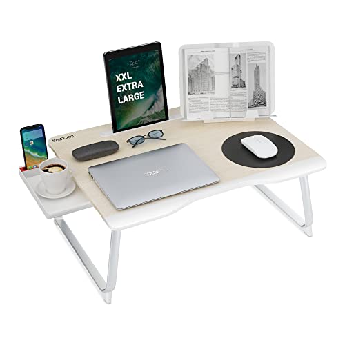 Laptop Bed Table, NEARPOW XXL Bed Trays for Eating, Laptops, Writing, Study and Drawing- Laptop Desk for Bed, Sofa and Couch- Folding Laptop Standwith Portable Book Stand and Drawer Storage - Wood